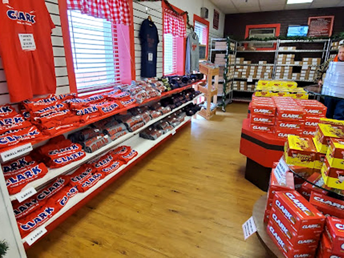 Merchandise corner: where saying "I love candy" with your shirt becomes as natural as saying it with your shopping basket.