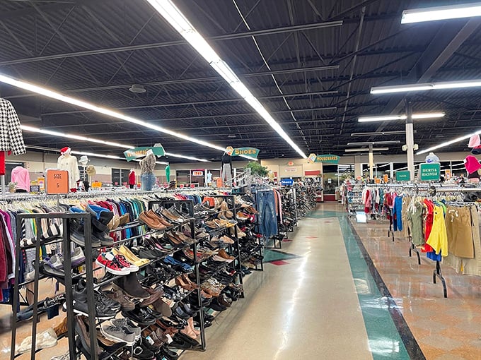 The shoe section stretches toward the horizon like a footwear encyclopedia, each pair telling a story of dances danced and miles walked.