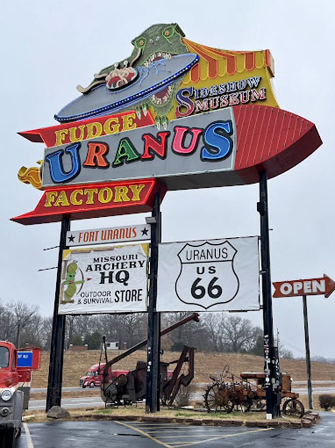 This gloriously over-the-top entrance sign promises exactly what it delivers: a multi-attraction experience where subtlety comes to die.