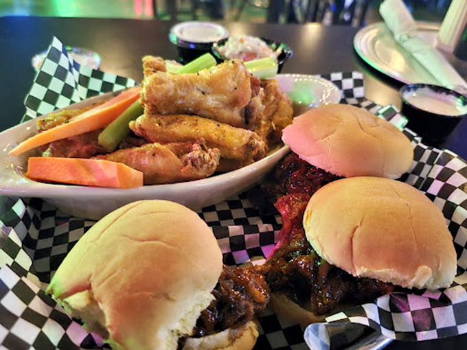 Sliders that prove good things come in small packages – surrounded by wings in a meal that's basically a party on a plate.