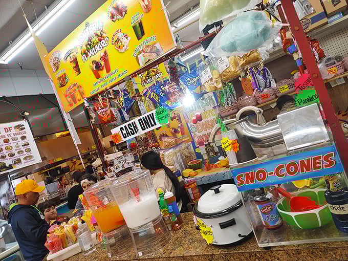 "Tacos Al Vapor" beckons hungry shoppers down this corridor of culinary temptation, where shopping stamina gets its second wind.