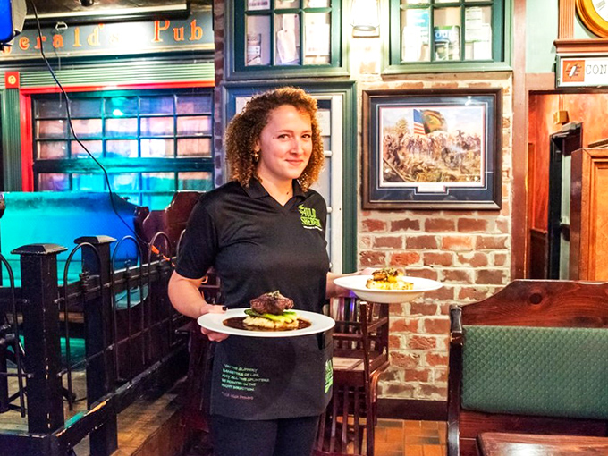 A server carrying plates of Irish goodness &ndash; the unsung heroes who transform hungry patrons into satisfied storytellers by the end of the night.