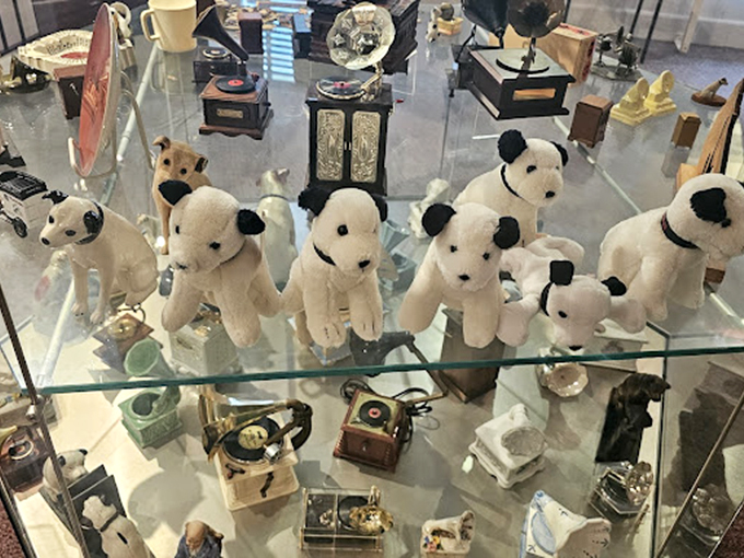 Behind glass, Nipper's descendants stand guard over miniature phonographs, a shrine to history's most successful advertising mascot.