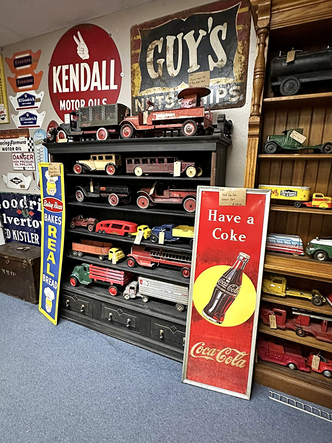 Vintage toy trucks lined up like a parade through time, each carrying a cargo of childhood memories.
