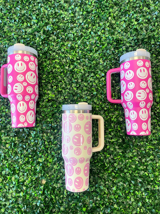 Even drinkware gets the secondhand treatment with these cheerful smiley-faced tumblers bringing retro vibes to your hydration station.