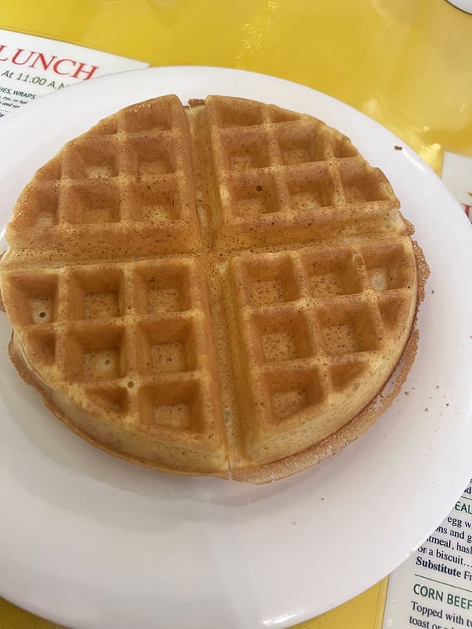 This golden Belgian waffle isn't just breakfast&mdash;it's an edible sunshine with perfectly formed squares waiting to be filled with butter and syrup.