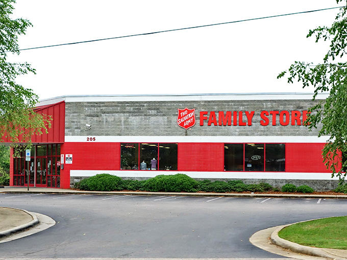 The Salvation Army's bold red facade stands like a bargain beacon. Where shopping and good deeds become one!