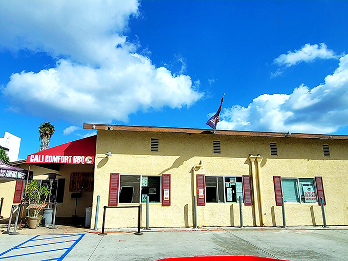 Cali BBQ: Flags flying, smokers smoking! This unassuming spot proves great barbecue doesn't need fancy trappings.