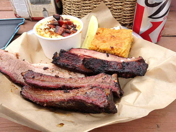 The three-meat platter with cornbread and mac & cheese&mdash;a combination that has launched thousands of food dreams and afternoon naps.
