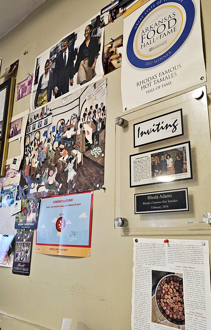 The wall of fame tells stories words alone cannot. Each photo and clipping is a chapter in Rhoda's delicious legacy.