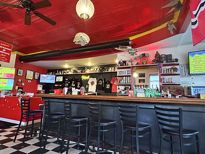 The bar area where hot dog dreams come true. Those stools have witnessed countless moments of first-bite euphoria.