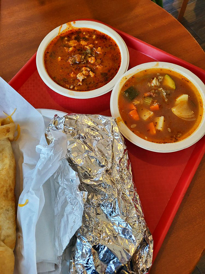 Hearty soups complement the fry bread experience. These steaming bowls of comfort pair perfectly with the house specialty for a complete meal.