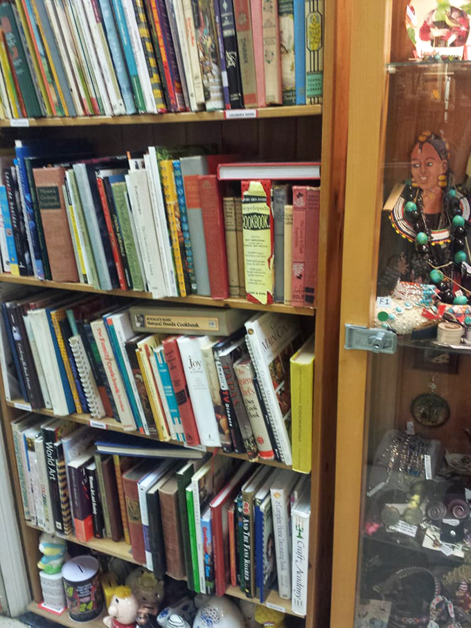 Literary treasures stacked with care, where forgotten cookbooks and dog-eared novels await their next chapter in someone else's story.