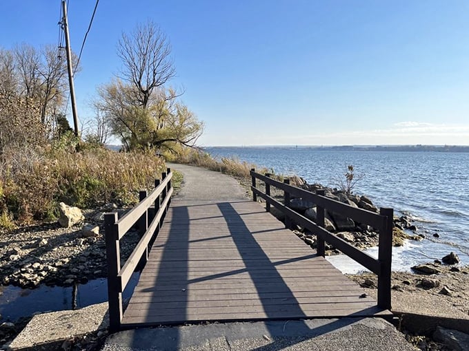 This wooden boardwalk bridges two worlds&mdash;the structured civilization behind you and the wild beauty of Lake Erie ahead.