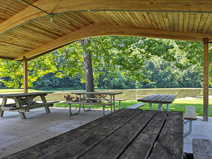 This riverside shelter offers the simplest luxury: a place to sit in the shade with a picnic while watching the timeless dance of water against shoreline.