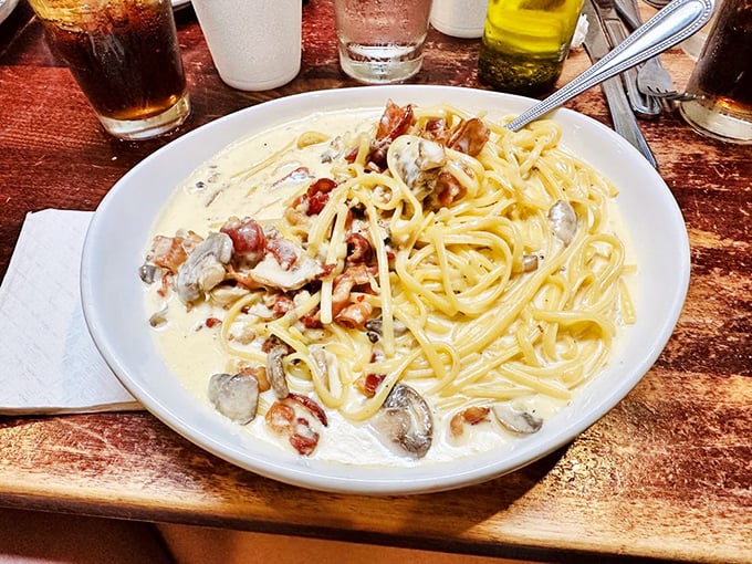 Carbonara that could make a Roman homesick &ndash; silky, creamy pasta studded with treasures of pancetta. A simple dish that's anything but simple to perfect.