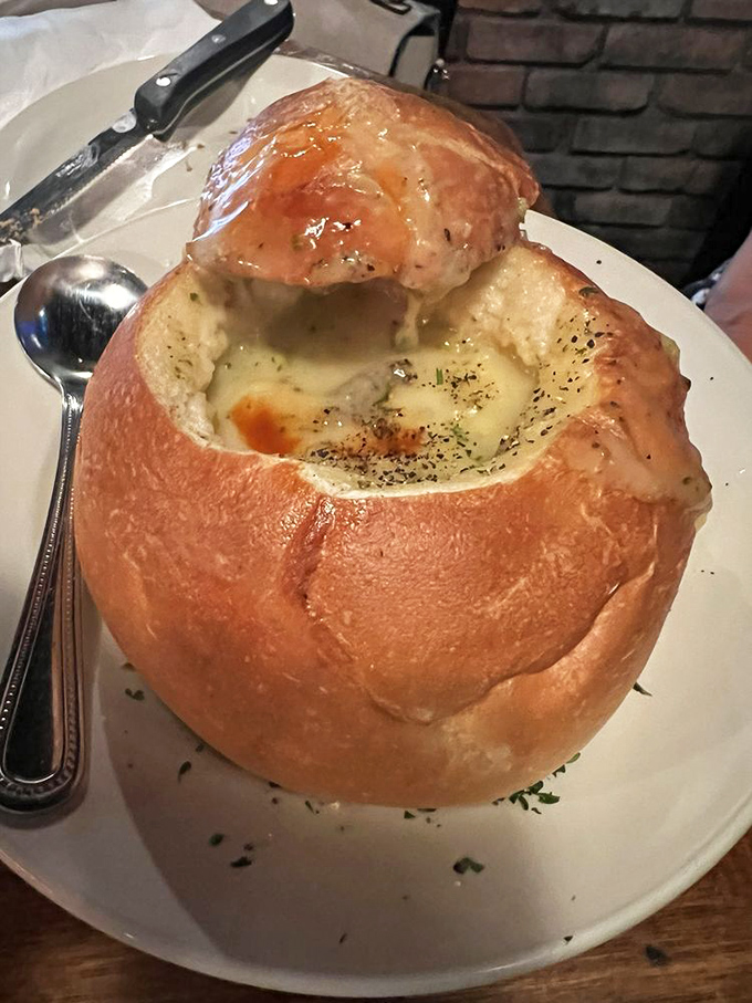 Bread bowl soup is what happens when someone brilliant realizes the only thing better than soup is edible dishware that soaks up every last drop.