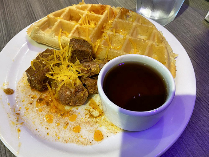 Short rib and cheddar transform the humble waffle into a savory platform that makes you question why we ever limited waffles to breakfast.