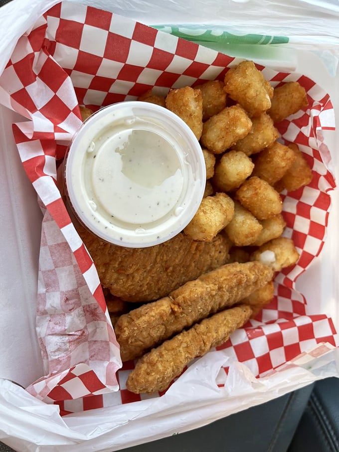 Chicken strips that actually taste like chicken&mdash;a miracle in today's world&mdash;accompanied by fries that deserve their own fan club.