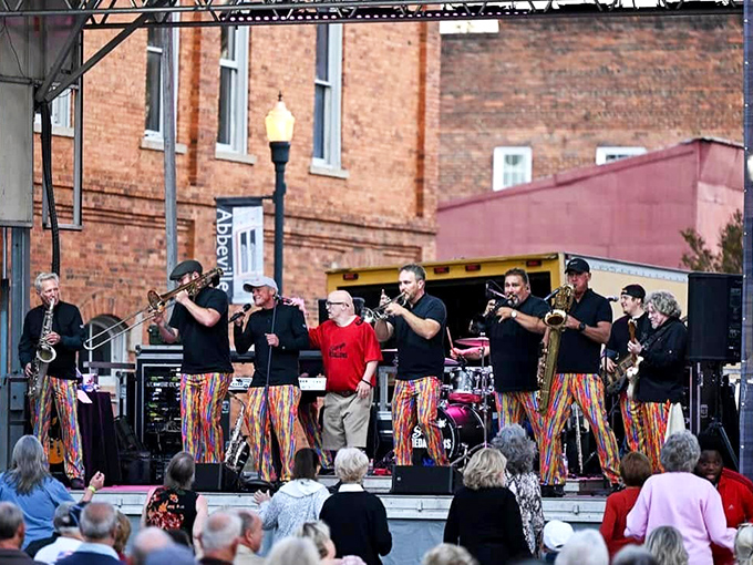 Live music in Abbeville isn't background noise&mdash;it's community celebration where multicolored pants are apparently mandatory for brass sections.