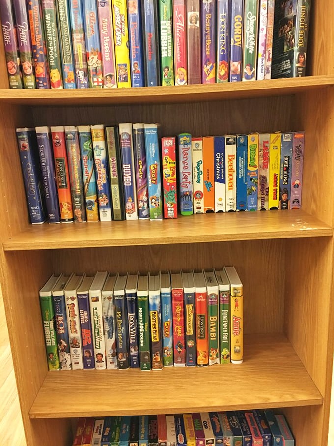 The VHS and DVD section is a time capsule of entertainment history, from Disney classics to forgotten sitcoms.