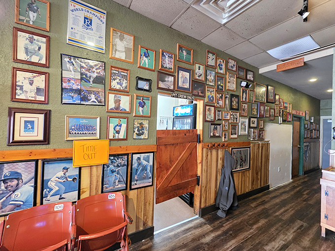 A wall of Kansas City Royals memorabilia&mdash;because in this part of Kansas, baseball and barbecue are the twin pillars of culture.