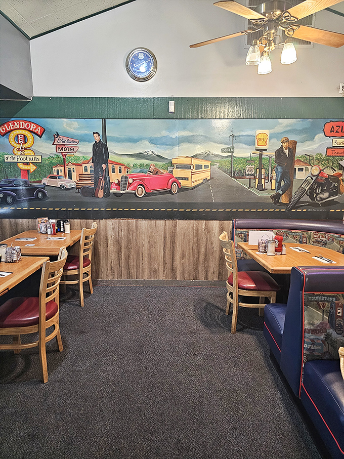 Route 66 comes alive on the walls, where vintage murals transport diners to the golden age of American road trips.