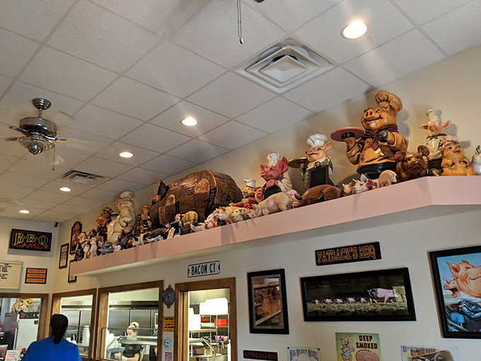 The pig figurine collection watching over diners says, "We take our pork seriously, but ourselves? Not so much."