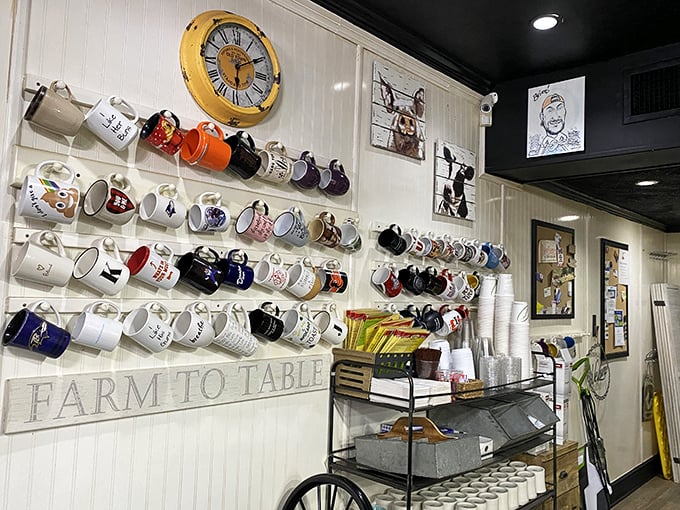 "Farm to Table" isn't just a slogan here &ndash; it's displayed alongside a collection of mugs that could tell stories of countless morning conversations.