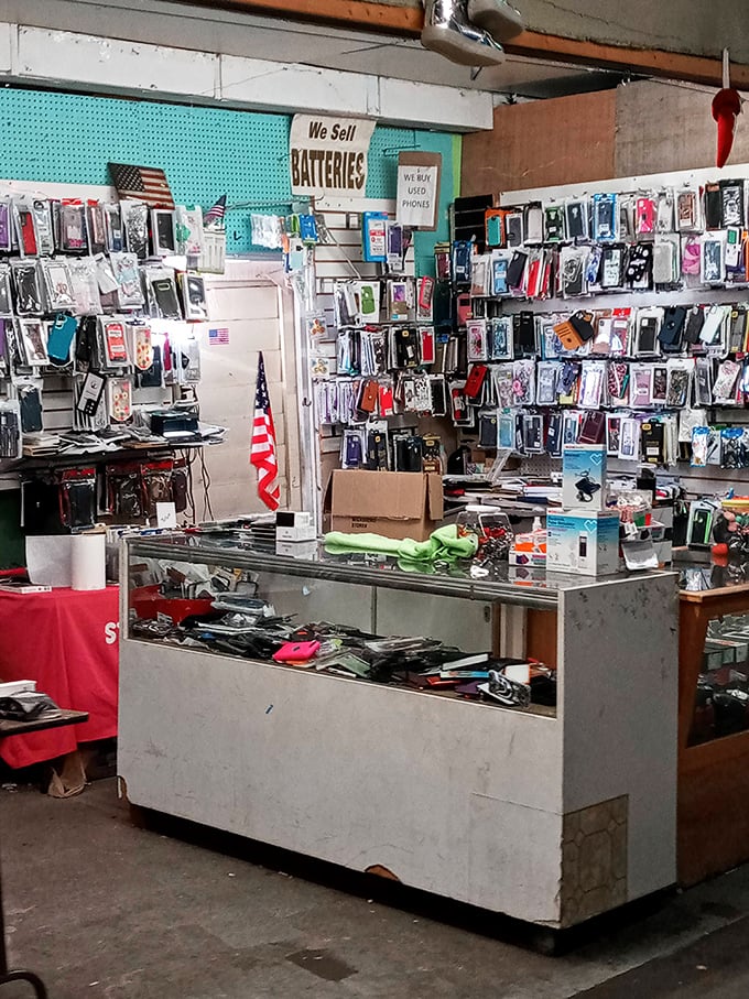 Phone case paradise meets gadget graveyard. Every technological need from the last three decades can be fulfilled in this corner.