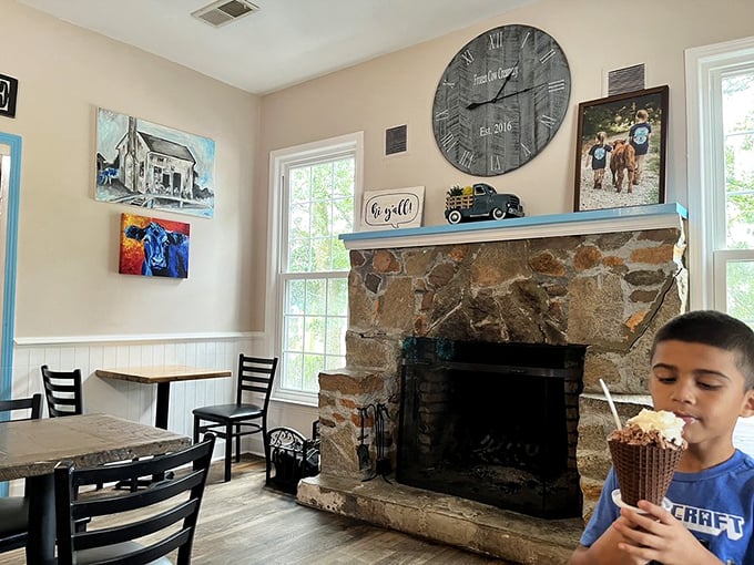 That stone fireplace says "stay awhile" while the frozen treats say "cool down"&mdash;a delicious paradox that somehow makes perfect sense.