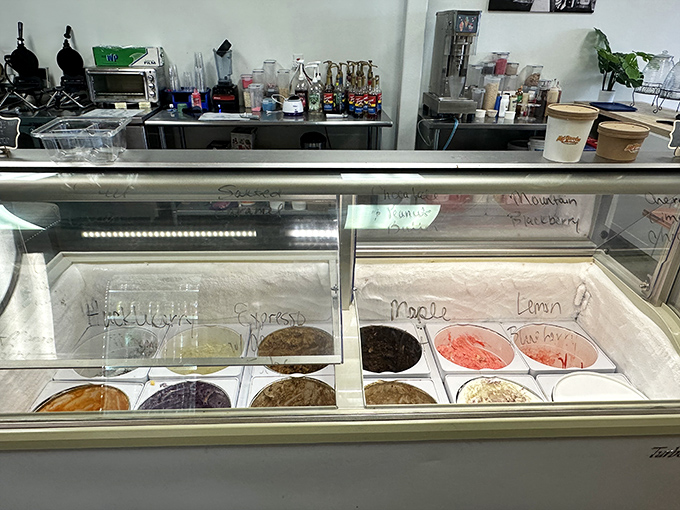 The display case: where dreams are born and diets go to die. Each colorful tub promises a different path to ice cream enlightenment.