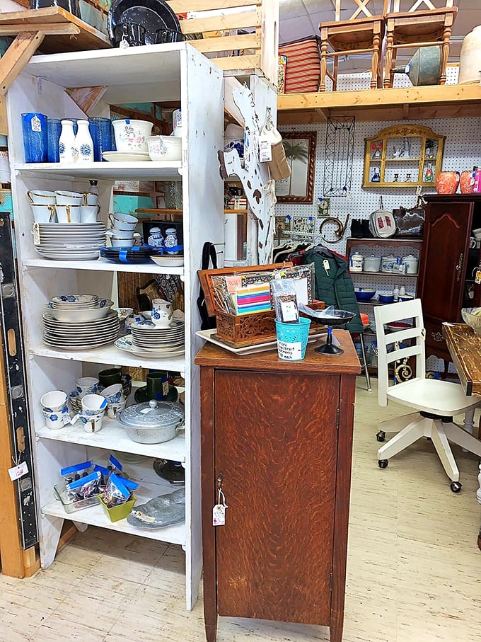 Vintage dishware meets farmhouse chic in this corner where your grandmother's china pattern is probably hiding, just waiting to be rediscovered.