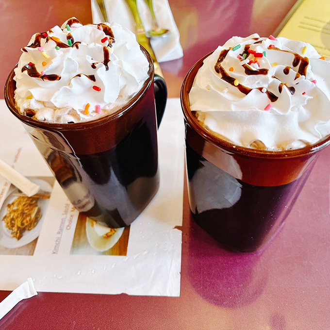 Hot cocoa mountains topped with whipped cream peaks and chocolate syrup rivers&mdash;dessert masquerading as a breakfast beverage.