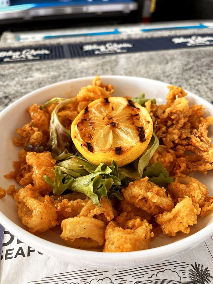 Calamari that shatters the crispy-tender paradox, crowned with a grilled lemon that adds both beauty and bright acidic contrast.