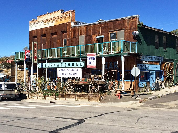 The International Cafe & Bar wears its character on its weathered exterior—where every wagon wheel and rusty sign adds to the ambiance.