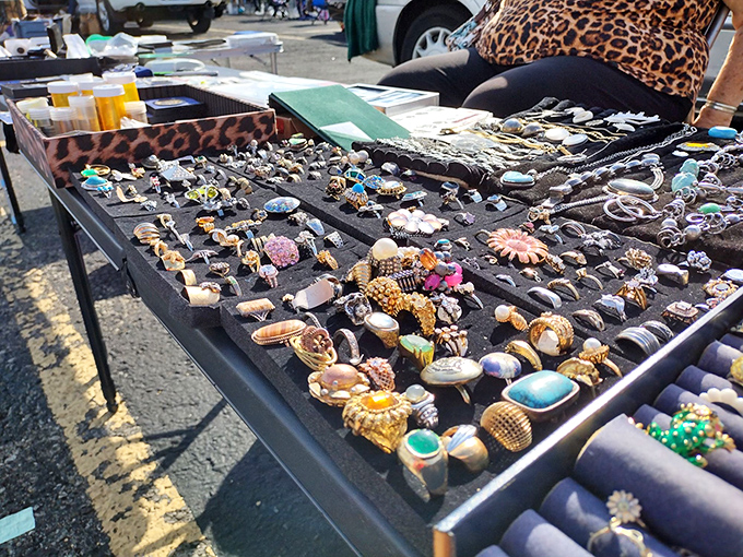 Rings, brooches, and costume jewelry spread before you like pirate's treasure&mdash;each piece waiting for the right finger, lapel, or collection.