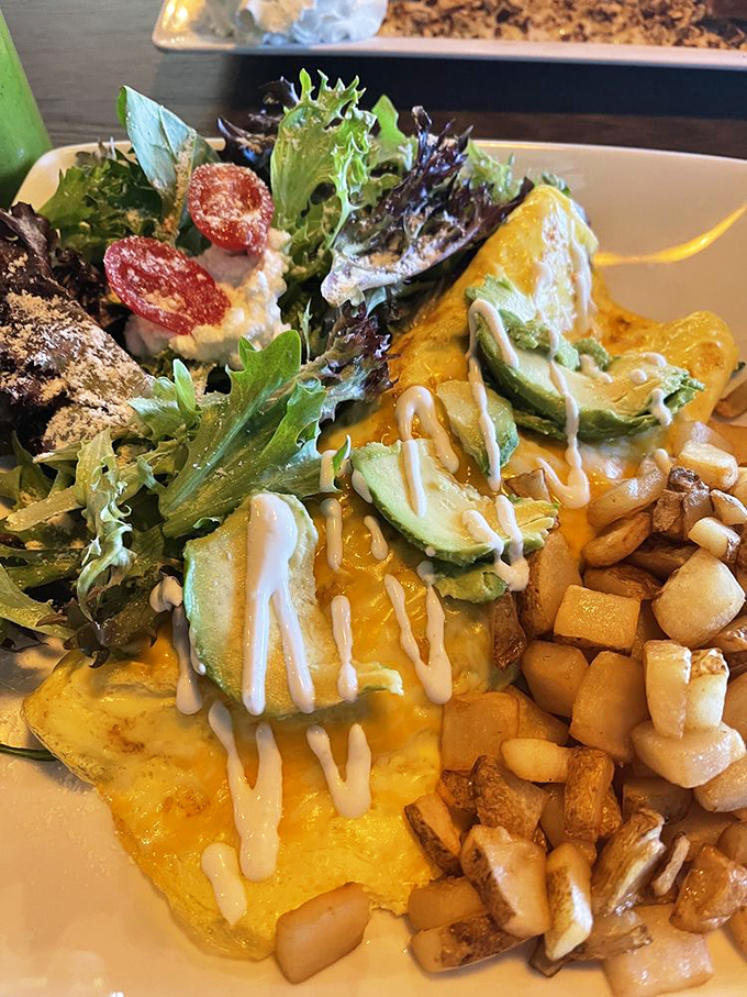 The chef clearly attended the "Leave No Plate Space Unfilled" school of breakfast preparation. That avocado drizzle ties everything together perfectly.