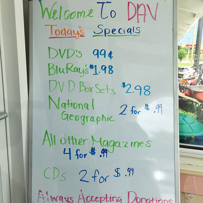 The daily specials board reads like a bargain hunter's poetry&mdash;DVDs for 99 cents and National Geographic magazines practically begging to be adopted.