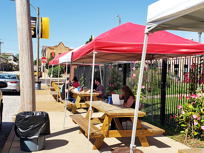 When the weather's nice, these outdoor picnic tables become St. Louis's most coveted dining spots, complete with wafting smoke as your dinner theater.