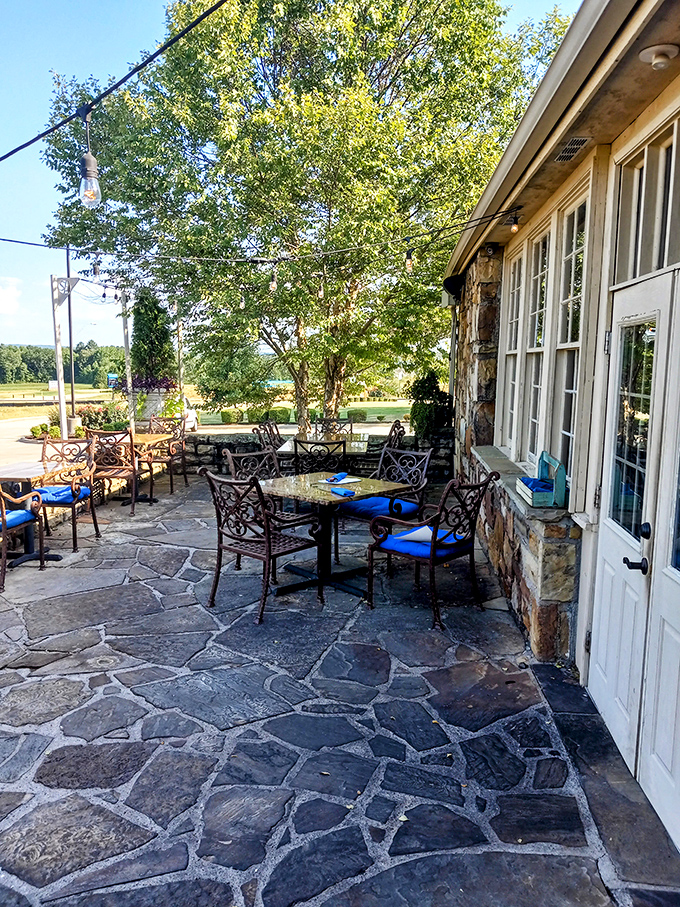 The stone patio offers al fresco dining with a view that reminds you Arkansas has been holding out on us with its natural beauty.