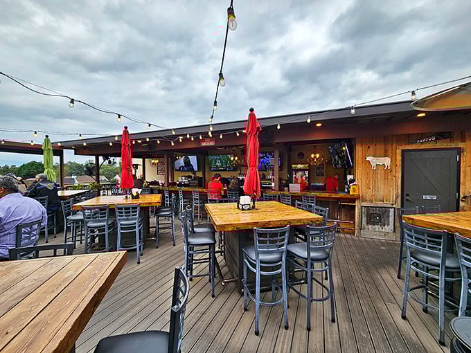 The outdoor deck offers al fresco dining with string lights overhead&mdash;because great steak tastes even better under Georgia's open sky.
