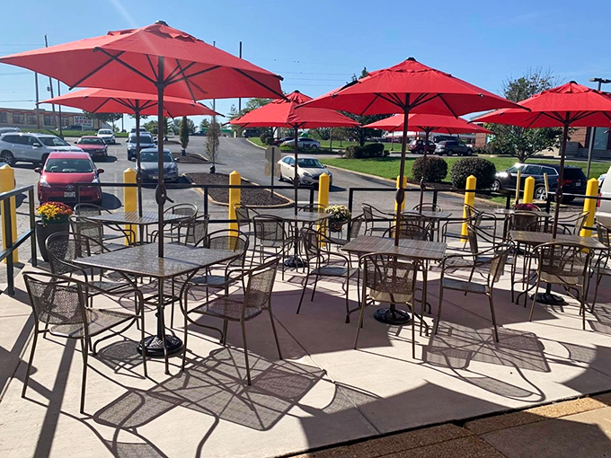 Outdoor seating under cherry-red umbrellas offers a chance to enjoy your seafood with a side of sunshine – a welcome option during Missouri's pleasant days.