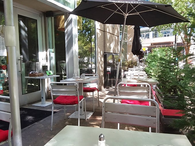 Outdoor seating for those who want to maintain the illusion of healthy living while devouring plate-sized portions of delightful carbohydrates.