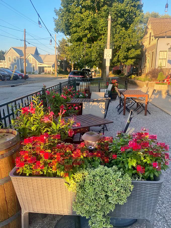 Outdoor seating surrounded by flowers that wouldn't look out of place in Tuscany&mdash;a little slice of Italian sunshine in the heart of Indianapolis.