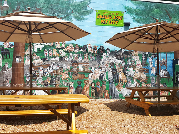 The outdoor seating area features a mural celebrating man's best friends. Because the only thing better than a great burger is enjoying it with your dog nearby.