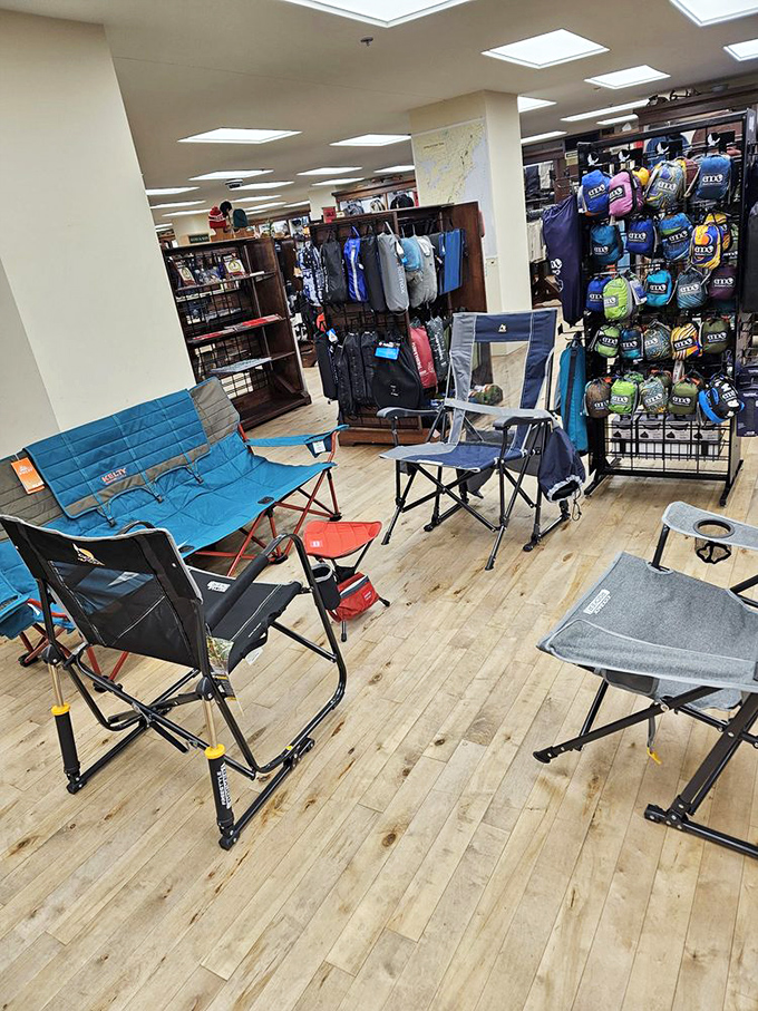 A campsite oasis springs to life in the outdoor department, where folding chairs practically beg you to imagine yourself beside a crackling fire.