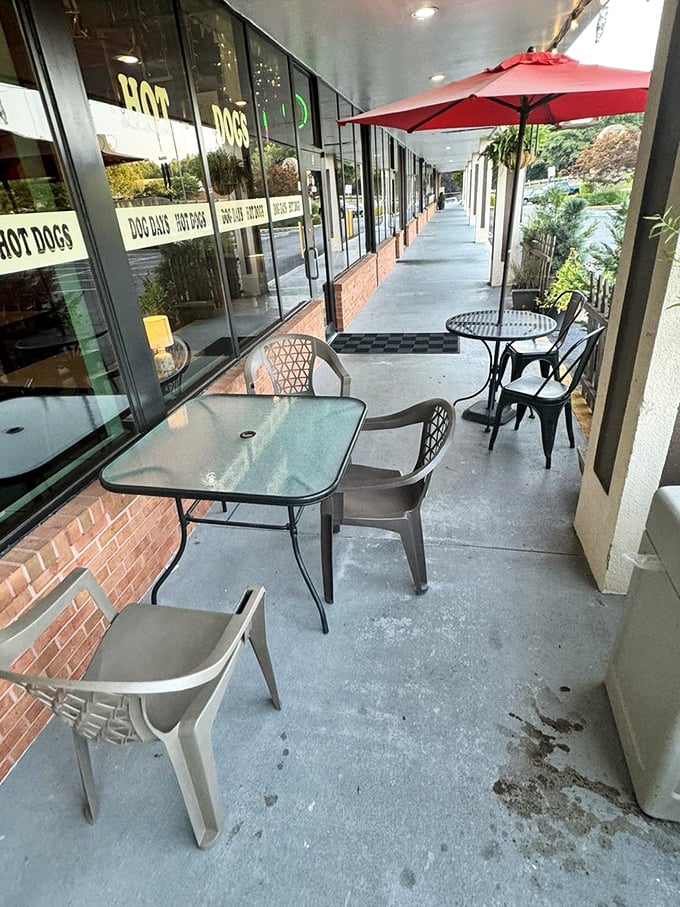 Outdoor seating for those Georgia days when the weather cooperates. Sometimes a hot dog tastes even better with a side of fresh air.