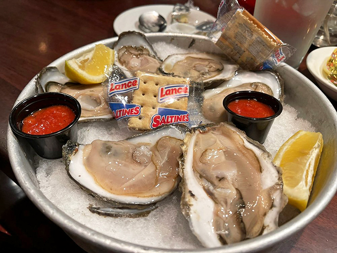 Fresh oysters on ice with Lance crackers standing by&mdash;nature's perfect appetizer presented with no-nonsense Maryland practicality.