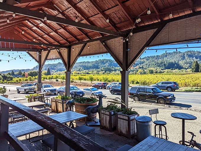 The covered patio offers vineyard views that pair perfectly with your sandwich. Wine country dining doesn't get more authentically casual than this.